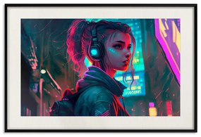 Plakát Počítačová žena - dívka ve městě v atmosféře kyberpunkové hry