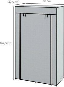 HOMCOM Látková šatní skříň prostorově úsporná šatní skříň s 5 přihrádkami a tyčí na oblečení, zapínání na zip, skládací šatní skříň ve světle šedé ba…