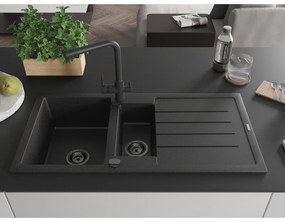 Mexen Andres, granitový dřez 1000x500x200 mm, 1,5-komorový + černá baterie Duero, černá-stříbrná metalíza, 6515-73-671600-70-B