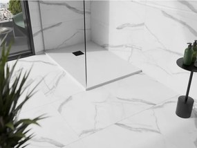 Mexen Stone+, obdélníková vanička z minerálního kompozitu 140 x 70 cm, bílá, černá krytka, 44107014-B