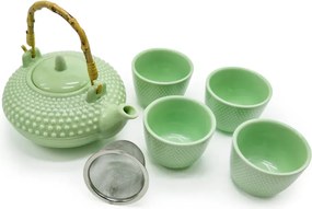 Porcelánová čajová souprava Tanaka pro 4, 600 ml – jadeitově zelená s reliéfem