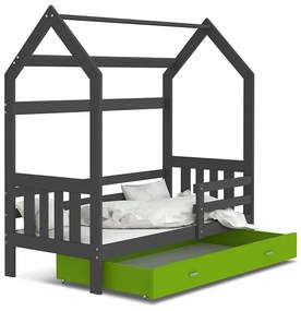 BabyBeds Dětská postel domeček se zábranou a úložným prostorem šedá Velikost postele: 190x80 cm, Barva šuplíku: Zelená
