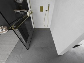 Mexen Kioto+, sprchová zástěna s poličkou a držákem na ručníky 90 x 200 cm, 8mm čiré sklo vzor černý, zlatý profil, 800-090-121-50-78