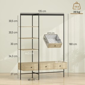 HOMCOM věšák 4 v 1 s policemi, zásuvkami a tyčí — dubový dekor, 180 cm