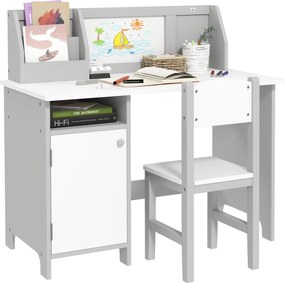 HOMCOM Dětská sada stolu a židle s tabulí, dřevěný studijní stůl pro děti od 5 let, dětský psací stůl 90x45x85 cm Šedý | Aosom
