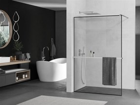 Mexen Kioto+, sprchová zástěna s poličkou a držákem na ručníky 90 x 200 cm, 8mm čiré sklo vzor černý rám, chromový profil, 800-090-121-01-70