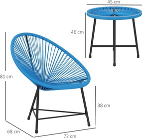 Zahradní lounge set Outsunny s 2 modrými křesly z tkaného polyresinu a venkovním stolem z temperovaného skla, zahradní nábytek na balkon, terasu, pati