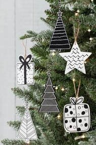 Tutumi, sada 12ks vánočních ozdob stromků 9cm na zavěšení KL-21X16, černá-bílá, CHR-00676