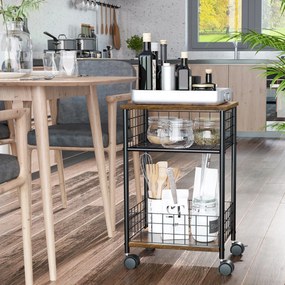 HOMCOM Kuchyňský vozík Servírovací vozík s pracovní deskou a 2 úložnými koši, otočná kolečka o 360°, rustikálně hnědý, 40x30x62 cm | Aosom.de