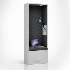Kancelářská akustická kabina se sedátkem a USB-C portem, korpus šedý / sedák tmavě šedá, 600 mm: SALLY MentalBox