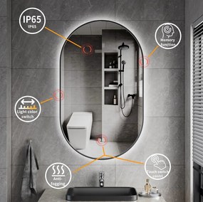 Erga Freya, oválné LED zrcadlo 60x100cm v černém kovovém rámu, 3 barvy světla, zadní osvětlení, vyhřívací podložka proti zapaření, ERG-V01-FREYA-6010-BK