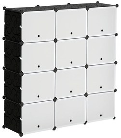 HOMCOM Botník Úložný box s 12 kostkami DIY zásuvný regál s dvířky Plastová ocel Černá+bílá 125 x 32 x 125 cm | Aosom