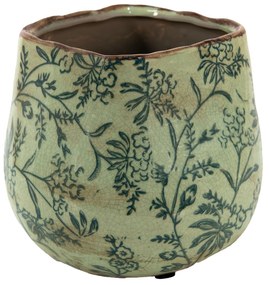Zelený keramický obal na květináč s modrými květy Minty - Ø 14*13 cm