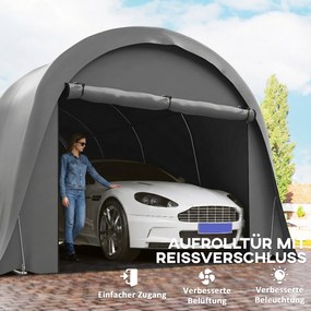 Outsunny přístřešek na auto 3 × 6 m – voděodolný úložný stan s odnímatelnými bočnicemi, velkými rolovacími dveřmi na zip, zakřivenou střechou, UPF50+…