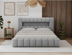 Světle šedá čalouněná dvoulůžková postel s úložným prostorem s roštem 160x200 cm Lamica – ELTAP