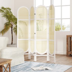 HOMCOM Dřevěná Příčka do Interiéru 4 Panely 170 x 160 cm, Skládací a Přenosná, Ručně Tkaný Vzor, Oddělovací Příčka pro Obývací Pokoj a Ložnici, Bílá