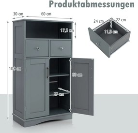 Costway Koupelnová skříňka s 2 zásuvkami a 2 dvířky a s nastavitelnou úrovní