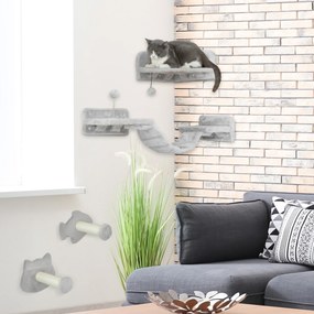 PawHut sada prolézaček pro kočky, 4-dílný nábytek pro kočky se schůdky, žebříkem, skákací věží, škrabadlem, míčkem na hraní, pro kočky do 5 kg, světl…