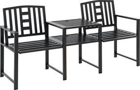 Outsunny Moderní zahradní lavice pro 2 osoby s stolem a otvorem na slunečník, venkovní nábytek 165x56x85,5cm Černá | Aosom