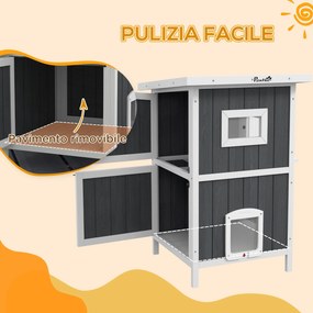 PawHut Voděodolný Dřevěný 2-podlažní Kočičí Dům s Zábavnými Vstupy, Venkovní Útočiště pro Zvířata s Otevřitelnou Střechou, 60x60x90,5cm