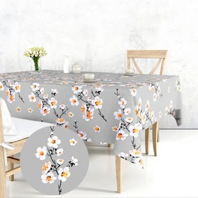 Ervi bavlněný ubrus na stůl obdélníkový - květ jabloně na šedém