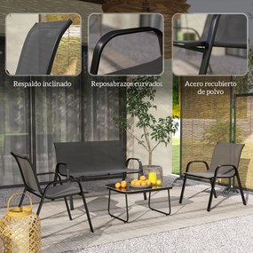 Outsunny 4dílná venkovní zahradní sada se 2 stohovacími křesly, dvoumístnou pohovkou a konferenčním stolkem s černým skleněným vrchem