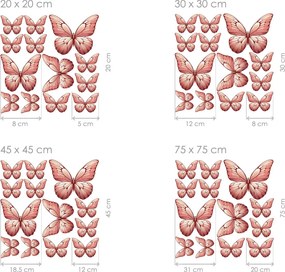 Motýli světle červení 13 ks textilní přelepitelné samolepky na zeď arch 30 x 30 cm