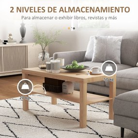 HOMCOM Konferenční stolek s 2 úložnými policemi do obývacího pokoje 90x45x44,5 cm Naturální