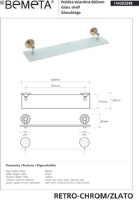 Bemeta Design RETRO gold-chrom: Polička, 600 mm, sklo -