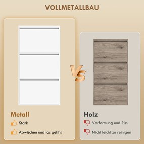 HOMCOM kovová skříňka na boty s 3 výklopnými přihrádkami — úzká nástěnná skříňka na 6 párů, 55 × 15 × 105,5 cm, bílá