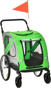 PawHut Závěsný vozík na kolo pro psy 2 v 1 s rolovacími dveřmi, bezpečnostním pásem, vlajkou a 6 odrazkami, nosnost 30 kg, 140x72,5x108 cm, zelený | A