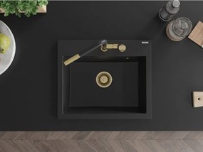 Mexen Oscar granitový dřez 1-komorový 580 x 490 mm, černý, zlatý sifon - 6519581000-77-G