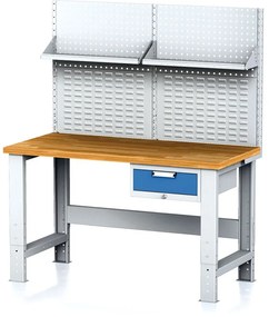 Alfa 3 Nastavitelný dílenský stůl MECHANIC I , závěsný box na nářadí, nástavba, police, 1 zásuvka, 1500x685x700-1055 mm, modré