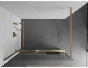 Mexen Kioto+, sprchová zástěna Walk-In s poličkou a věšákem 110 x 200 cm, 8mm čiré sklo černý vzor, ​​zlatý matný profil, 800-110-121-55-70