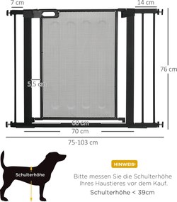 PawHut Zabradlí pro psy, Ochrana schodů, Bezvrtací záchrana, Bariéra pro šířku 75-103 cm, Automatické zavírání, Pro děti a kočky, Ocel, Černá