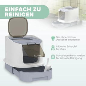 Záchod pro kočky s víkem Vstup přes hlavu Výsuvná vanička s lopatkou pro kočky do 4,5 kg, 40,5x52,5x42,5 cm Šedá barva