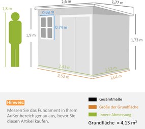 Outsunny Kovová Kůlna na Nářadí 4,13 m² 260 x 177 x 190 cm Skladovací Kůlna s Oknem, Šikmou Střechou a Zámkem, Voděodolný Zahradní Dům na Zahradu