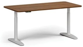Výškově nastavitelný stůl OBOL, elektrický, 675-1325 mm, zaoblené rohy, deska 1600x800 mm, bílá zaoblená podnož, ořech