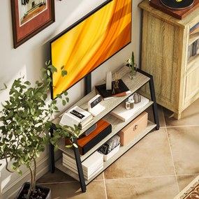 HOMCOM TV nábytek s držákem pro televizory přibližně 81–178 cm, otevřené police, nastavitelný úhel 35°, 108x41x135 cm, přírodní dřevěný vzhled