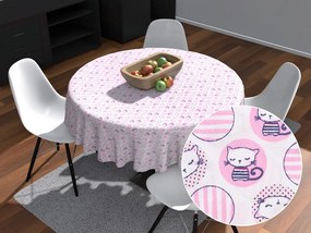 Biante Dětský bavlněný kulatý ubrus Sandra SA-126 Růžové kočičky a srdíčka Ø 110 cm