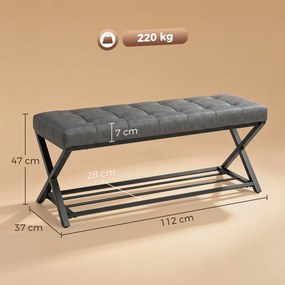 HOMCOM čalouněná lavice na boty s úložným prostorem — průmyslový X-rám z oceli, PU kůže, nosnost 220 kg, 112 × 37 × 47 cm, tmavě šedá