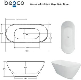Besco Moya volně stojící vana 160 x 68 cm s bílým sifonem černá matná VANMOYA160WCBWM