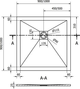 Mexen Stone+, čtvercová vanička z minerálního kompozitu 100 x 100 cm, šedá-betonová, 44611010