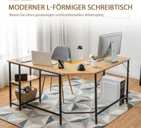 Costway Psací stůl ve tvaru L domácí se 2 policemi – 138 × 60 × 75 cm, přírodní