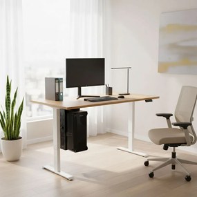 Výškově nastavitelný stůl OfficeTech C, 140 x 80 cm, bílá podnož, dub kamenný