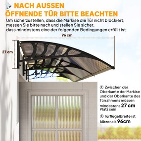 Outsunny Hnědý slunečník 303x96x27 cm pro dveře a okna, chránící proti slunci a dešti, s podpěrami z polykarbonátu a PP