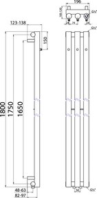 Sapho Pilon otopné těleso 1800 x 196 mm se třemi háčky pro ručník středové připojení chrom IZ126T