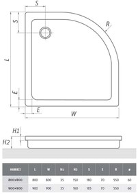 Roth Čtvrtkruhová akrylátová sprchová vanička HAWAII Varianta: rozměry: 90x90 cm - (HAWAII 900 - 8000026)