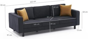 Hanah Home Sametová pohovka KALE antracit 222 cm 825BLC2727