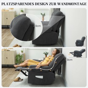 HOMCOM Relaxační křeslo, masážní čalouněné křeslo s 8 vibračními body, nastavitelná podnožka, boční kapsa, opěradlo, šedá